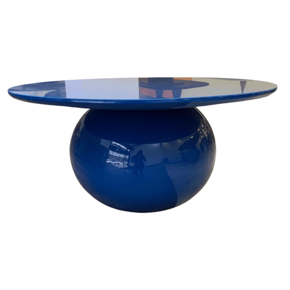 Mesa De Centro Redonda Esfera 60cm Tampo Azul + Vidro Base Azul - artdesign