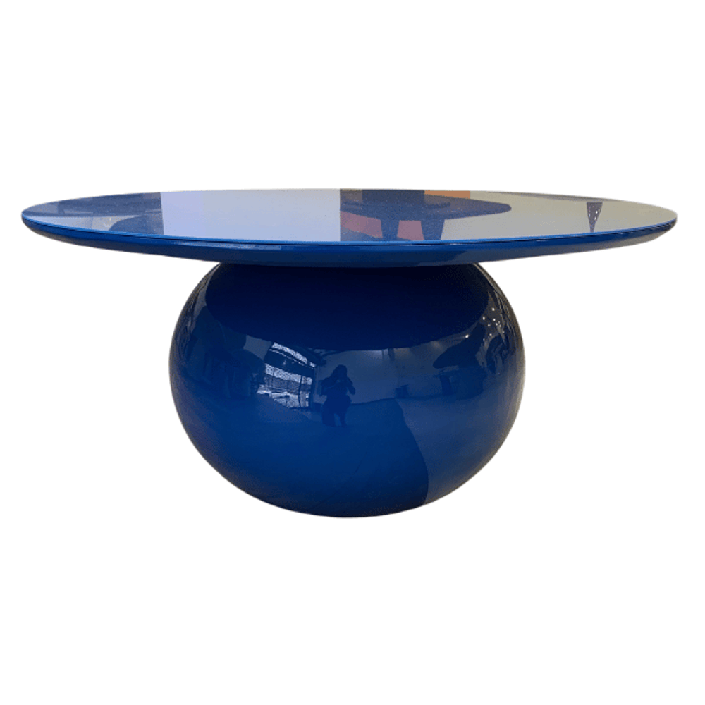 Mesa De Centro Redonda Esfera 70cm Tampo Azul + Vidro Base Azul - artdesign
